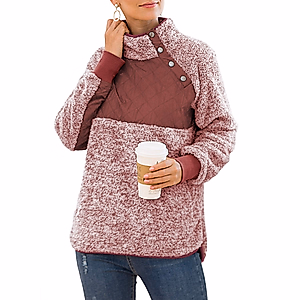 VIISHOW Women Long Sleeves Color-block Asymmetrical Paneled Long Sleeve Sweatshirt Pocket Sherpa Fleece Pullover Coat Jujube Red XX-Large