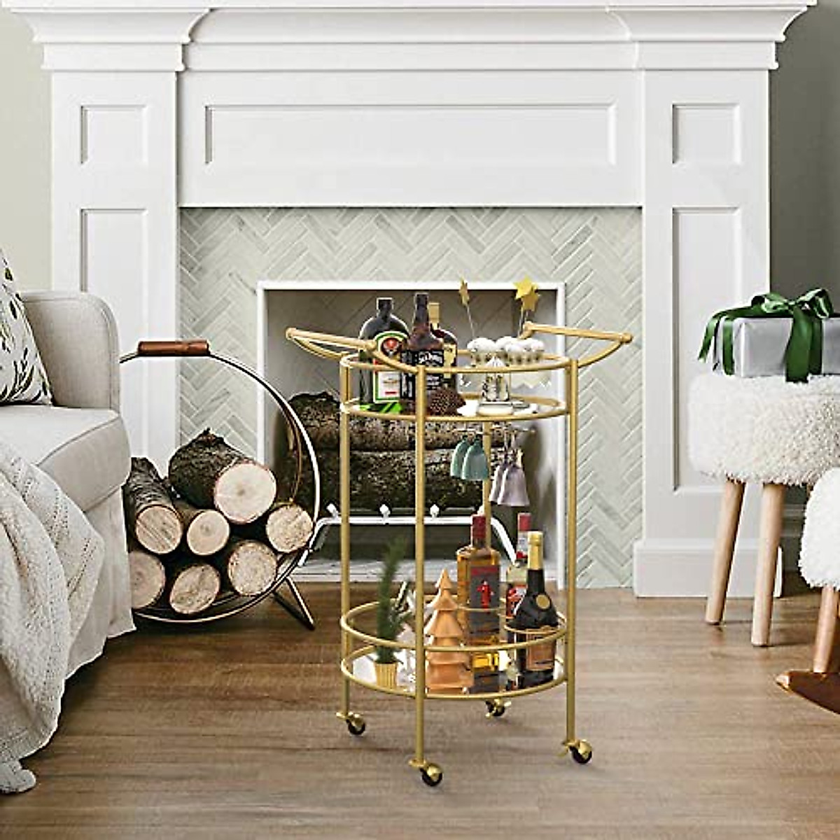 Round Gold Rolling Bar Cart with 2 Mirror Shelves, Wine Rack and Lockable Casters, Suitable for Home Kitchen, Club, Living Room, Thanksgiving, Christmas, New Year, 22"X18"X33"