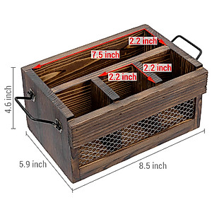 MyGift Rustic Brown Wood Utensil Holder and Napkin Rack with Black Metal Carry Handles and Chicken Wire Front Panel, Dining Flatware Cutlery Storage Caddy