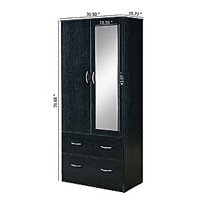 Hodedah Two Door Wardrobe with Two Drawers and Hanging Rod plus Mirror, Black