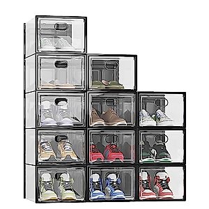 JOISCOPE 12 Pack Shoe Storage Boxes, Fit up to US Size 13, Clear Plastic Stackable Shoe Organizer for Closet, Space Saving Foldable Shoe Containers Bins Sneaker Container, Black