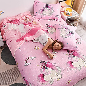 Quilt Set Twin Size Girls Quilt Bedding Twin Quilts Girls Kids Quilt Bedspreads Coverlet Pink Unicorn Bedding Girls Lightweight Reversible Quilts Set Bedding Girls Pink Quilt with Pillow Shams