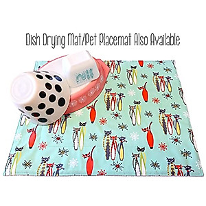 Hanging Hand Towel - Mod Cats On Aqua with Green Starburst Accent Fabric - Plush Green Kitchen Towel