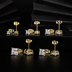 MDFUN 18K Yellow Gold Plated Princess Cut Square Clear Cubic Zirconia Stud Earring Pack of 5 Pairs