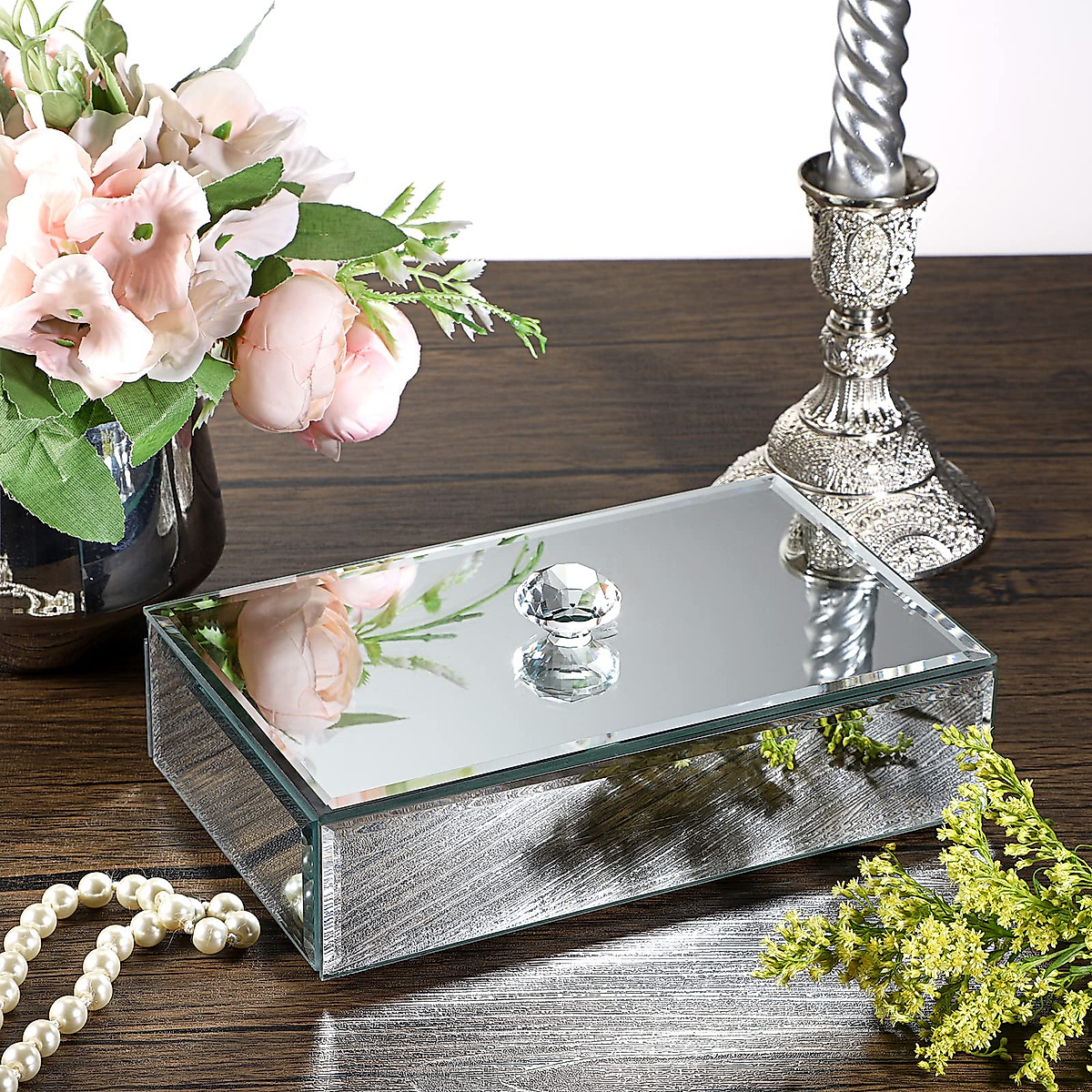 Hipiwe Jewelry Box with Glass Mirror Surface Crystal Handle, Trinket Storage Box Rings Holder Earrings Necklace Bracelet Organizer,Treasure Chest Case Keepsake Box Gift for Women Girls (Small, Silver)