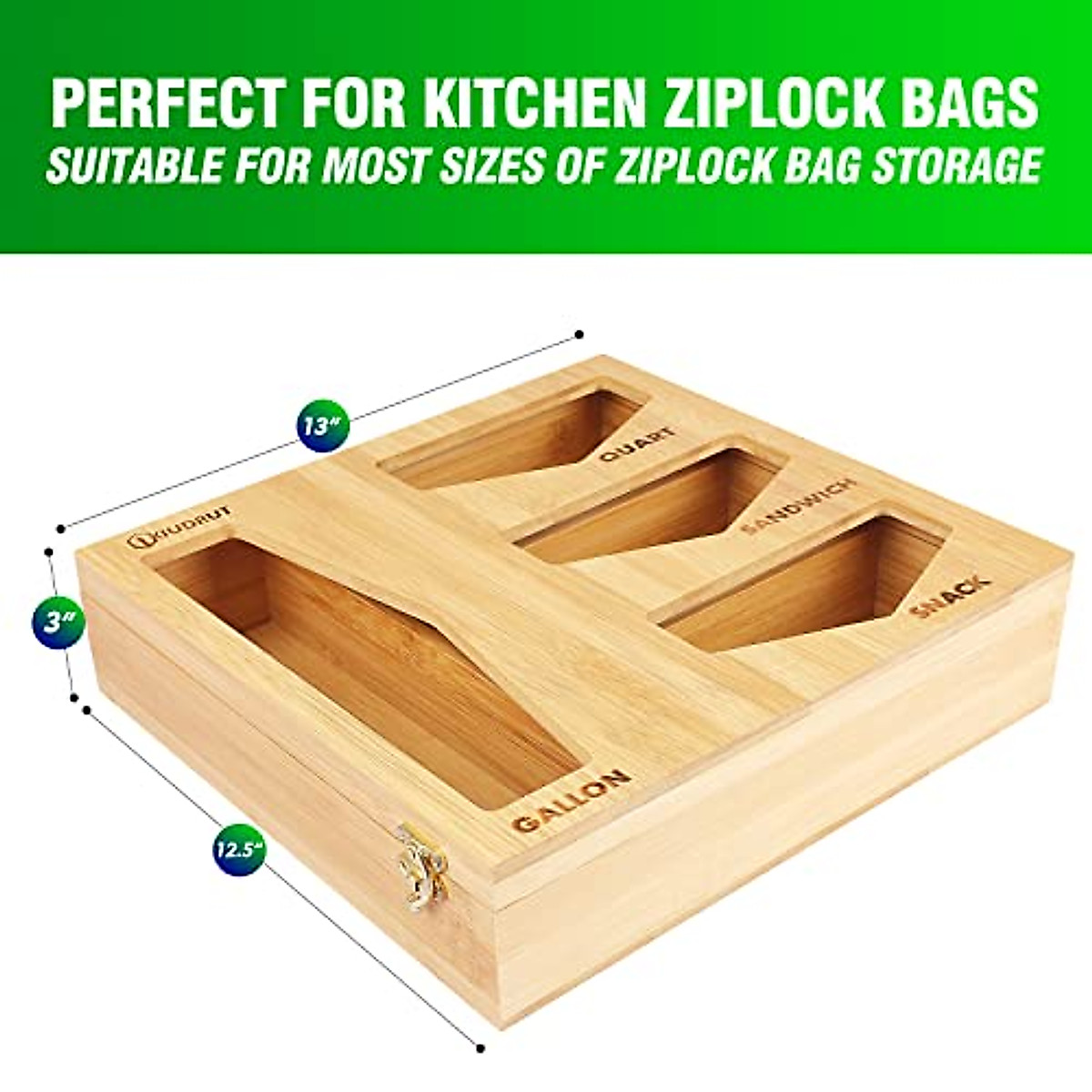KIUDRUT Ziplock Bag Organizer for Kitchen Drawer,Bamboo Ziplock Bag Storage Organizer for Gallon, Sandwich, Snack and Quart