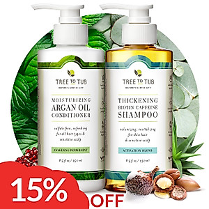 Tree To Tub Biotin Fine Hair Shampoo for Thicker, Fuller Volume & All Hair Type Hydrating Argan Oil Conditioner for Dry Oily Hair & Sensitive Scalp - Gentle Volumizing Shampoo & Conditioner