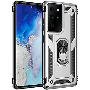 Military Grade Drop Impact for Samsung Galaxy S21 Ultra Case Galaxy S21 Ultra 5G Case Metal Rotating Ring Kickstand Holder Armor Heavy Duty Shockproof Case Galaxy S21 Ultra Phone Case (Silver)