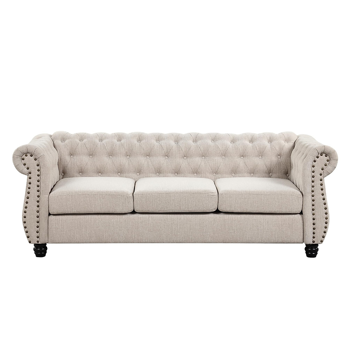 Morden Fort Deep Seat Couch Sofa, [No Sagging] 3 Seater Sectional Couch Durable Pet-Friendly Chesterfield Sofas Tufted Sofa Chenille Couches for Living Room Furniture Bedroom Lounge Beige Couch