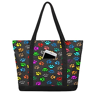 Colorful Cat Dog Paw Canvas Totes Shoulder Bag for Women Girls, Animal Paw Print Handbag with External Pockets Daily Essentials Large Top Zipper Cloth Bag