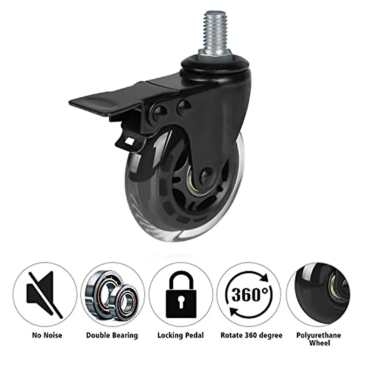8T8 3 Inch Rubber Caster Wheels Heavy Duty with Brakes, 1/2''-13 x 1" Threaded Stem Casters Set of 4 (Screw Diameter 1/2", Length 1"), Quiet and Smooth Rolling Castors for Furniture Hardwood Floors