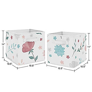 Sweet Jojo Designs Floral Rose Flowers Foldable Fabric Storage Cube Bins Boxes Organizer Toys Kid Baby Childrens - Set of 2 - Blush Pink Teal Turquoise Aqua Blue Grey Pop Flower Boho Shabby Chic Roses