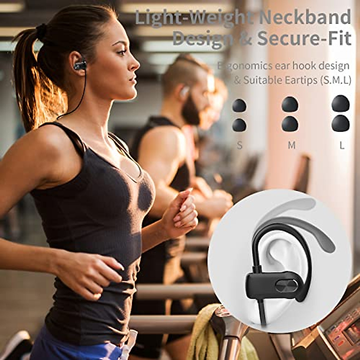 JUSTRVN Sports Wireless Earphone,Bluetooth Headphone with 24Hrs Playtime,Bluetooth Headsets V5.2 HD Bass with IP67 Waterproof,Noise Cancellation Earbuds w/Ear-Hooks for Gym Jogging Workout