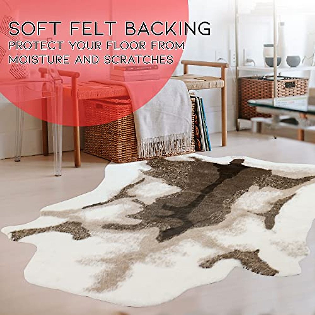 KOOBAYR Faux Cowhide Rug 5x6 feet - Cow Print Rug - Synthetic Cowhide and Western Decor Rug - Cow Rugs for Living Room Bedroom & Office Machine Washable Rug