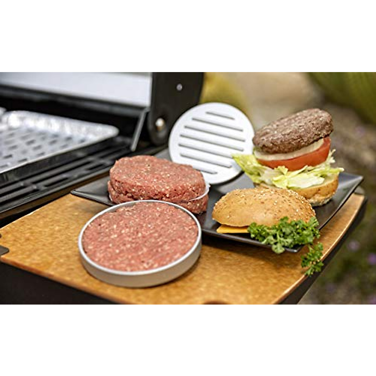 J-Line Design Deluxe Cast Aluminum Hamburger Patty Press Burger Maker with Plastic Handle Complete with Sauce Basting Brush and 100 Non-Stick Wax Paper Sheets
