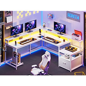 SEDETA White L Shaped Gaming Desk, 66" Home Office Desk with File Drawer, Power Outlet and Led Lights, Corner Computer Desk with Monitor Shelf, Printer Storage Shelves, for Two Person
