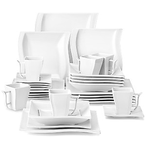 MALACASA Ivory White Dinnerware Set, 30-Piece Porcelain Dinnerware Sets, Modern Square Dinner Set Plates and Bowls for Dessert, Salad and Pasta, Cup and Saucer Set, Dinnerware Set for 6, Series Flora