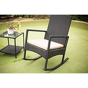 Barton 3 Pieces High Back Rocking Chair Set w/Glass Table Black Outdoor Patio Furniture Wicker Rattan Modern Conversation Chat Seating