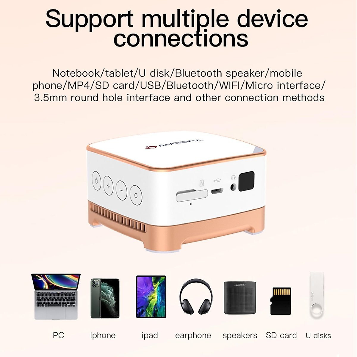 AMOOWA Mini Projector with WiFi Bluetooth: Smart Portable,Built in Rechargeable Battery,1080P HD Support,DLP,4Hour Playtime,Connects to iPhone and Android TV Without HDMI interface RAM/ROM: 1GB+8G