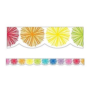 Schoolgirl Style Hello Sunshine Pom Rainbow Bulletin Board Borders, 39 Feet of Scalloped Pom Classroom Borders for Bulletin Board, White Board, Cork Board, Locker Decor, Desk Decor and Classroom Decor