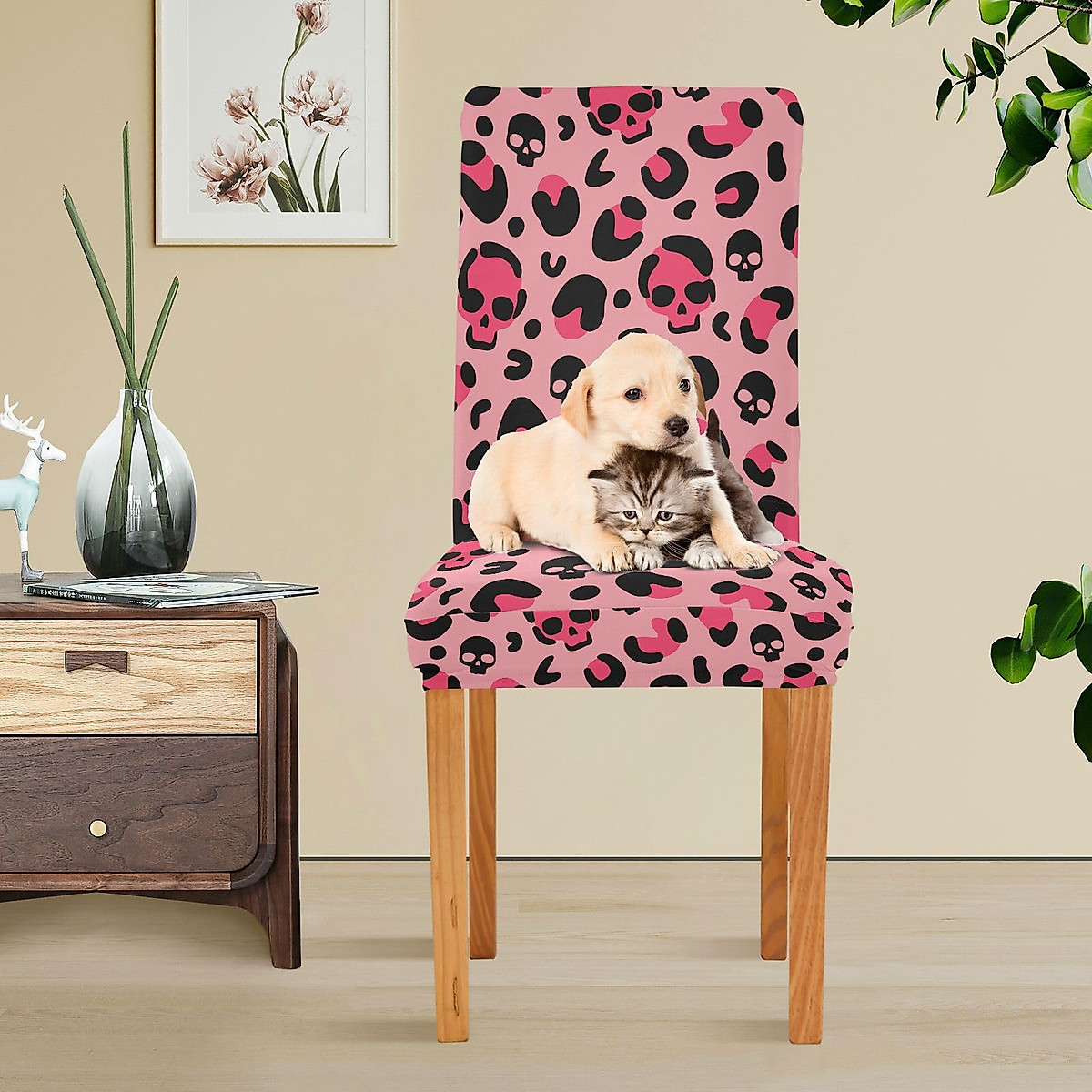 JUNZAN Halloween Skull Leopard Camouflage Pink Chairs Covers Set of 4 Slipcovers Spandex Dining Chair Covers for Outdoor Chair Ceremony