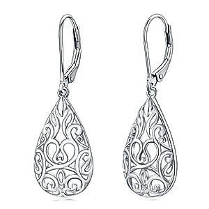 VONALA Filigree Teardrop Earrings for Women Sterling Silver Filigree Teardrop Dangle Earrings Filigree Leverback Earrings for Women Birthday Gift