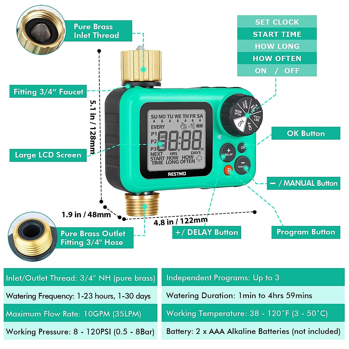 RESTMO Sprinkler Timer with Brass Inlet & Outlet, 3 Separate Programs Hose Timer, Programmable Water Timer for Garden Hose, Manual | Rain Delay | Automatic Watering System for Drip Irrigation and Lawn