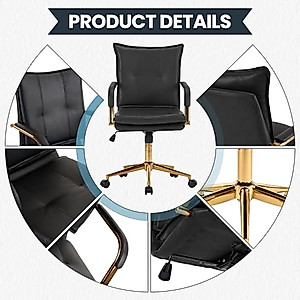 MOJAY Mid-Back Ergonomic Leather Office Desk Chair, Modern Upholstered Computer Chair, Executive Office Chair with Arms, Swivel Adjustable Rolling Chair with Gold Base (Black)