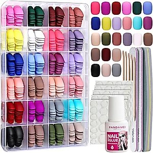 FANDAMEI Short Press on Nails, 24 Packs 576PCS Short Round Press on Nails Matte, Acrylic Short Small Fake Nails Full Cover, Matte Glue on Nails with 7g Nail Glue, 24 Color False Nail for Small Nails