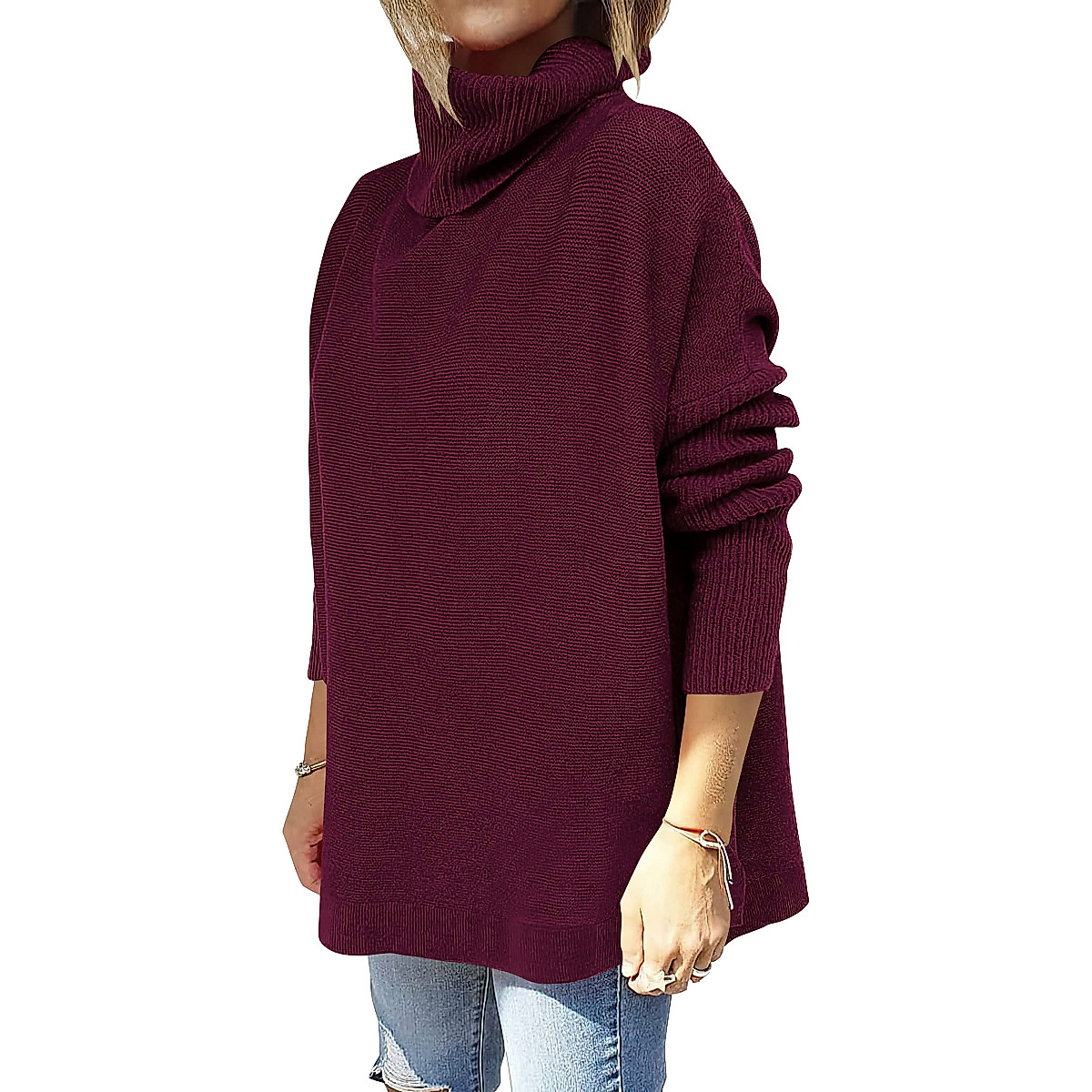 ANRABESS Women's Oversized Turtleneck Batwing Sleeve Spilt Casual Loose Knit Tunic Pullover Sweater Tops 2025 Fall Outfits Wine Red Small