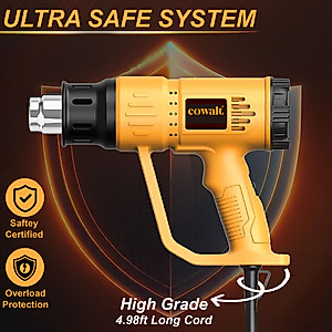 COWALT Heat Gun 1800W Fast Heating for Vinyl Wrap, Crafting, Shrink Tubing, Paint, Epoxy Resin, Candle Making Variable, Adjustable Temperature, Overload Protection Hot Air Gun Kit Nozzles, Scraper
