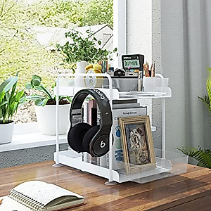 Alwytlon Pull Out Under Sink Organizer, Sliding Cabinet Basket Organizer, 2 Tier Clear Under Bathroom Storage Rack with Hooks, Multi-purpose Storage Shelf for Bathroom Kitchen, transparent & White