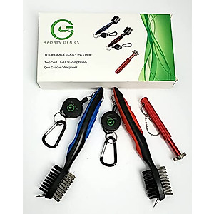 SportsGenics Golf Brush (Pack of 2) with a Golf Club Groove Sharpener - Double Sided Golf Club Cleaner - 6 Head Golf Groove Sharpener for Sharpening - Golf Club Cleaning kit - Golf Accessories