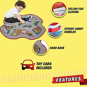 Toy Cars Storage Box, 2 in 1 Convertible Garage Holder Case with Road Play Mat & 17 Play Vehicles Included, Collapsible Fabric Organizer Bin for Kids