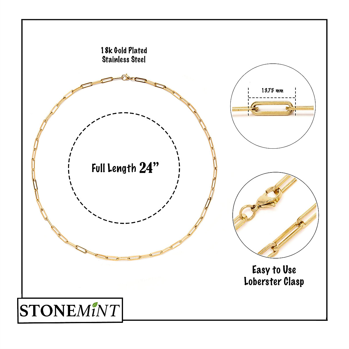 STONEMINT 18k Warm Yellow Gold-Plated 4.8mm Paperclip Link Chain Necklace - 24"