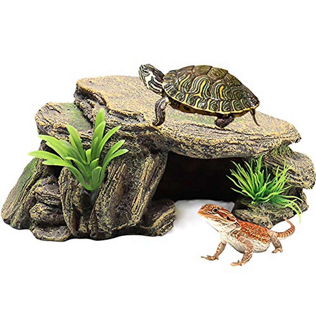 La La Pet® Reptile Hide Box Reptile Hideouts Resin Rock Gecko Hides and Caves Lizard Habitat Decor Small Animal Hideaway Basking Platform for Turtle Spiders Frog Amphibians