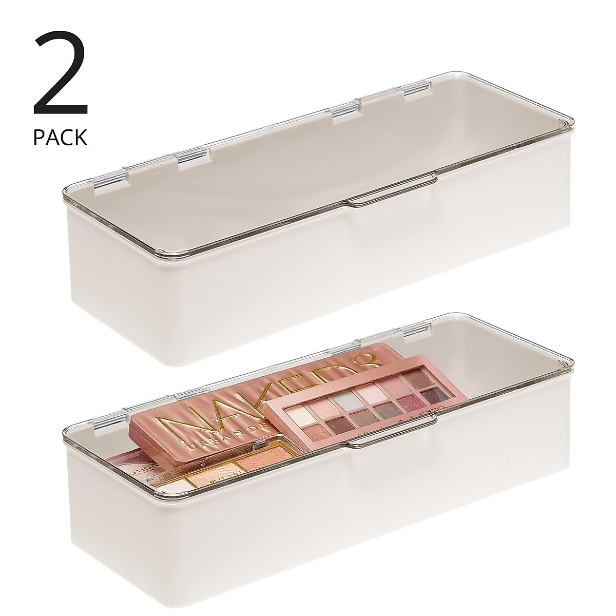 mDesign Long Plastic Cosmetic Storage Organizer Box Containers, Hinged Lid for Bedroom, Bathroom Vanity Shelf or Cabinet, Holds Masks, Palettes, Lotion, Nail Polish, 2 Pack, Cream/Beige/Clear