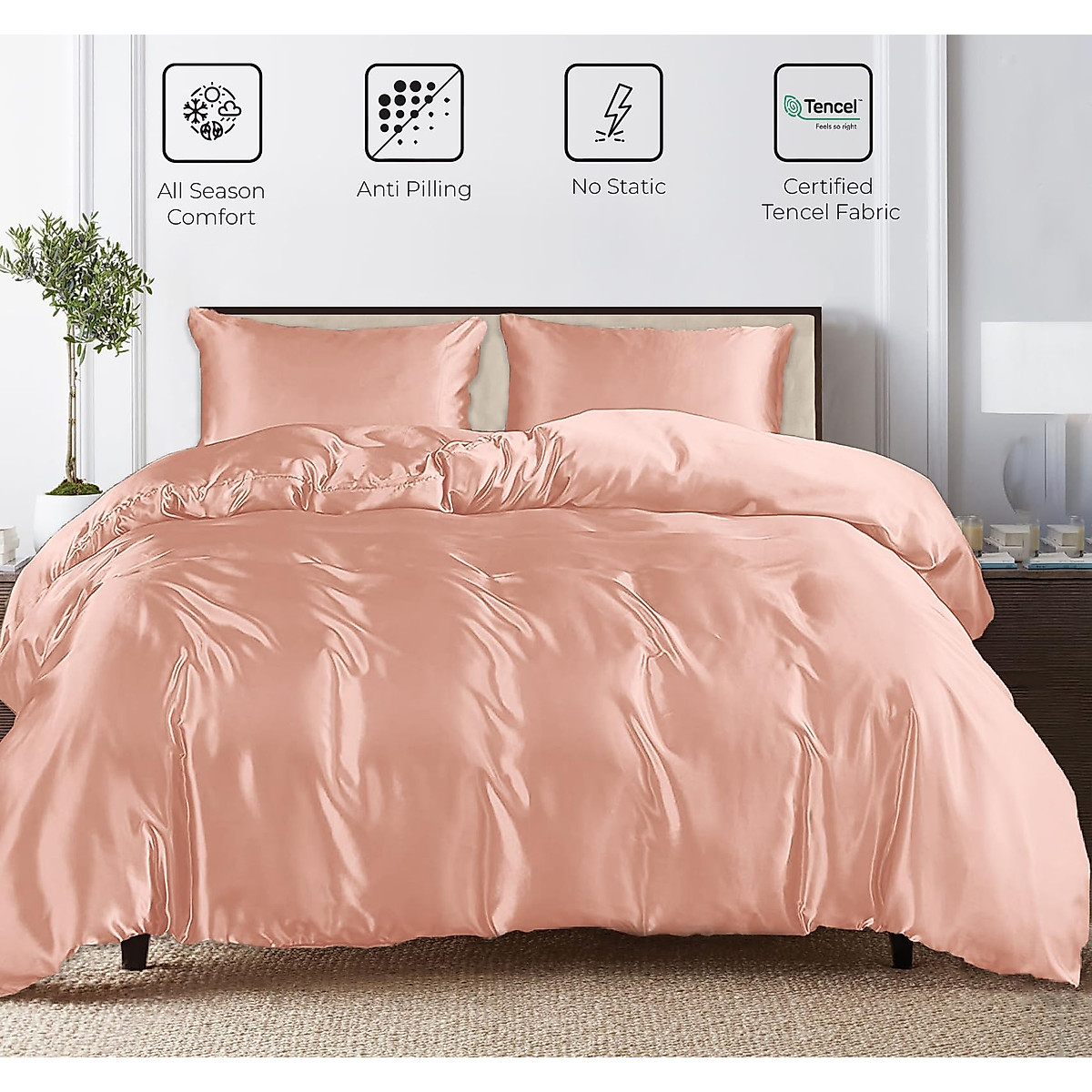 Linenwalas Tencel Lyocell Duvet Cover Set with Deep Pocket Fitted Sheet, Viscose Made from Eucalyptus Soft, Lightweight and Breathable Complete Bedding Set (Rose Gold, Queen)