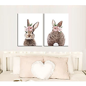 Girls Nursery Wall Art Bunny Rabbit with Pink Flower Crown Canvas Print Wall Decor Woodland Animal Posters Kids Room Set of 2 Bedroom Deccoration Framed Wall Art