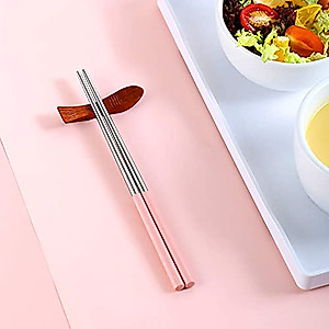 Molizummy 1Pair Portable Chopsticks with Pull Design Case, Reusable Metal Stainless Steel Chopstick with Wheat Straw Handle for School, Home, Office, Outdoor, Bento Box Use, Dishwasher Safe (Pink)