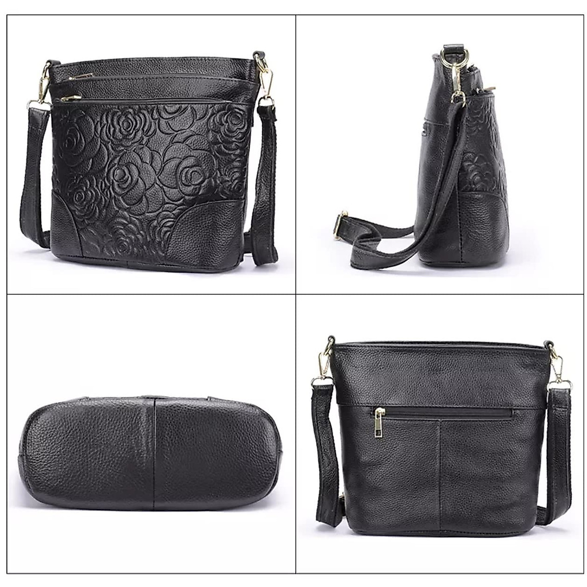 Aslana Floral-Embossed Genuine Leather Shoulder Crossbody Bag Handbag for Women (Floral-Embossed Black)