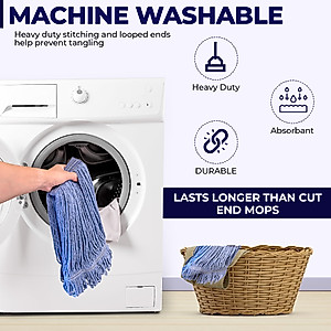 Innovative Haus 3 Pack Heavy Duty Blue Commercial Mop Head Replacement - Synthetic Cotton Blend Looped End String Mop Refill - Industrial Grade Cleaning Use Wet Mop Heads - Durable Universal Headband