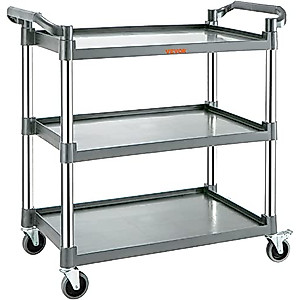 VEVOR Utility Service Cart, 3 Shelf Heavy Duty 220LBS Food Service Cart, Rolling Utility Cart with Lockable Wheels, 40" x 19.3" x 38.6" Plastic Utility Cart for Kitchen Office Restaurant Home, Grey