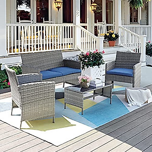 Patio PE Wicker Furniture Set 4 Pieces,All Weather Patio Conversation Sets of 2 Single Sofas,1 Loveseat and Tempered Glass Table Top,Outdoor Chat Set Conversation Set for Backyard Yard,Garden (Blue)