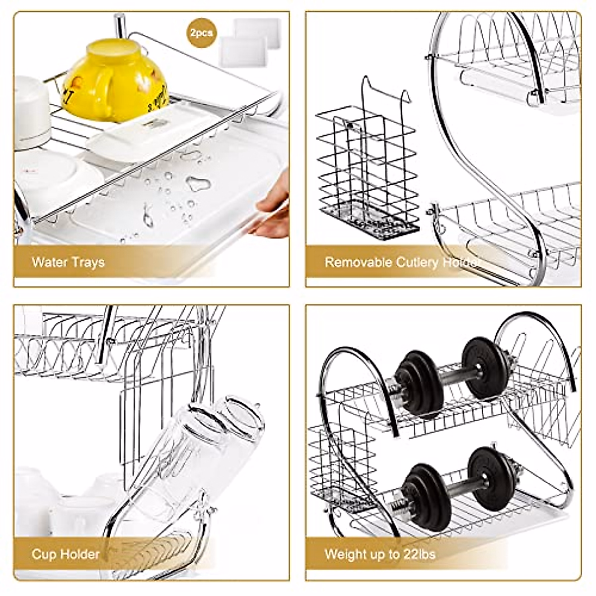 Zvonema Dish Drying Rack, Stainless Steel Dish Racks for Kitchen Counter, 2 Tier Small Dish Drainers with Drainboard & Removable Utensil Holder, Space Saving Dish Rack, Silver