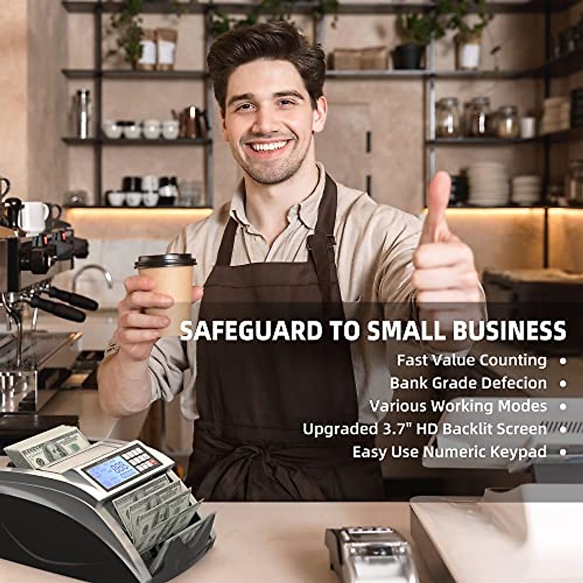 Money Counter Machine PONNOR with Value Count, Dollar, Euro with UV/MG/IR/DD/DBL/HLF/CHN Counterfeit Detection, Bill Cash Counting, Large LCD Display