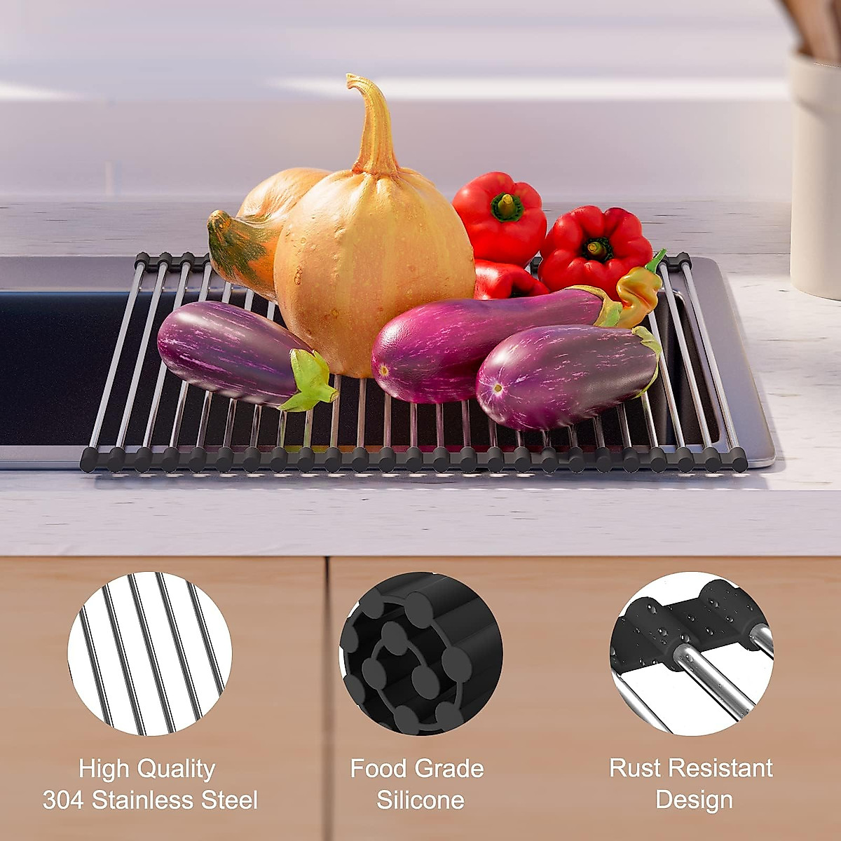 EMBATHER Roll Up Dish Drying Rack Over The Sink, 20.8'' x 18.1'' Dish Drying Rack for Kitchen Counter, Multipurpose Silicone Wrapped Foldable Kitchen Drainer Rack, Anti-Slip, Black