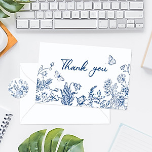 Whaline 32 Packs Floral Thank You Cards Blue White Chinoiserie Flower Greeting Cards Blank Note Cards with Envelopes and Stickers for Wedding Birthday Bridal Shower, 4 x 6 Inch