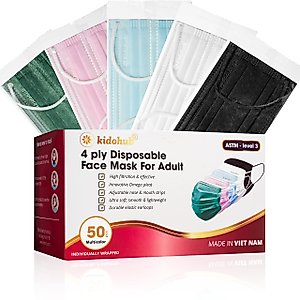 KIDOHUB FDA Registered ASTM Level 3, Adult 4 Ply Individually Wrapped Disposable Medical Face Mask 50 pieces, Green