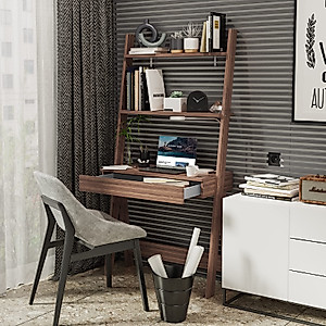 Giantex 3 Tier Ladder Desk with Drawer, 33" Width Walnut Ladder Shelf with Anti-Tipping Device, Freestanding Bookshelf, Leaning Computer Desk with Shelves for Small Space